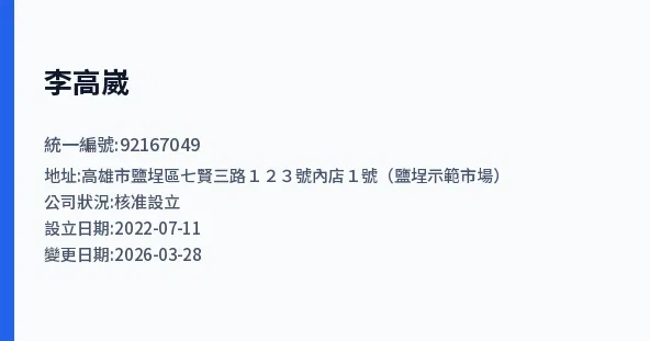 李高崴的照片-統編 92167049(高雄市) 公司登記資料與營業項目詳細圖表