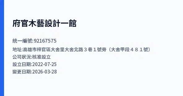 府官木藝設計一館的照片-統編 92167575(高雄市) 公司登記資料與營業項目詳細圖表