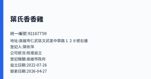葉氏香香雞的照片-統編 92167759(高雄市) 公司登記資料與營業項目詳細圖表