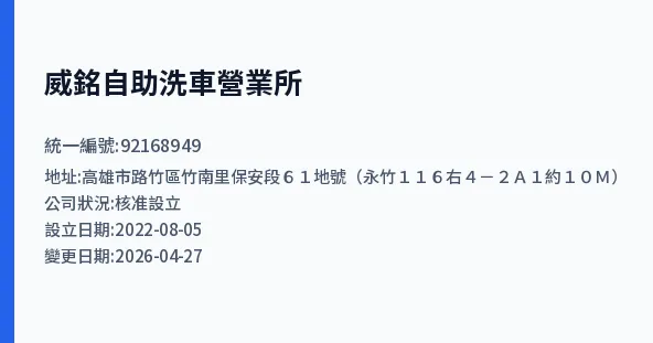 威銘自助洗車營業所的照片-統編 92168949(高雄市) 公司登記資料與營業項目詳細圖表