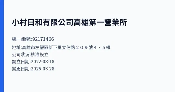 小村日和有限公司高雄第一營業所的照片-統編 92171466(高雄市) 公司登記資料與營業項目詳細圖表