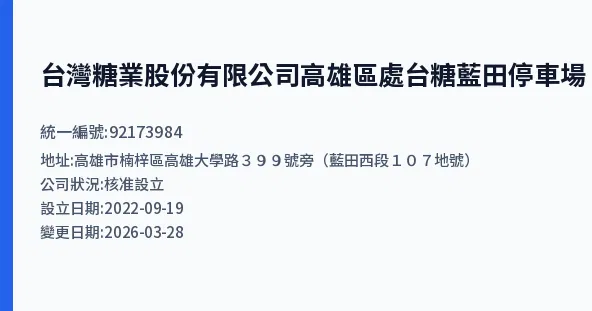 台灣糖業股份有限公司高雄區處台糖藍田停車場的照片-統編 92173984(高雄市) 公司登記資料與營業項目詳細圖表