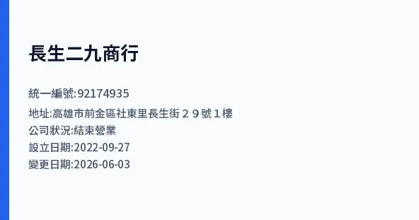 長生二九商行的照片-統編 92174935(高雄市) 公司登記資料與營業項目詳細圖表