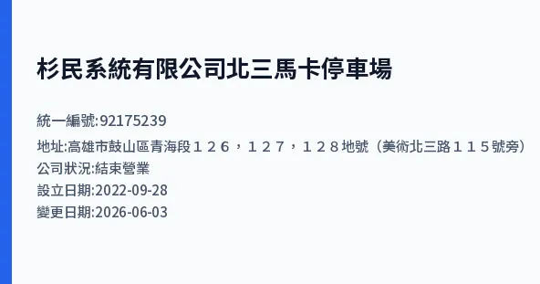 杉民系統有限公司北三馬卡停車場的照片-統編 92175239(高雄市) 公司登記資料與營業項目詳細圖表