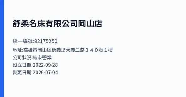 舒柔名床有限公司岡山店的照片-統編 92175250(高雄市) 公司登記資料與營業項目詳細圖表