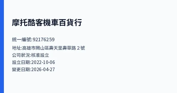 摩托酷客機車百貨行的照片-統編 92176259(高雄市) 公司登記資料與營業項目詳細圖表
