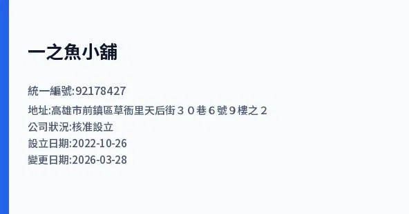 一之魚小舖的照片-統編 92178427(高雄市) 公司登記資料與營業項目詳細圖表