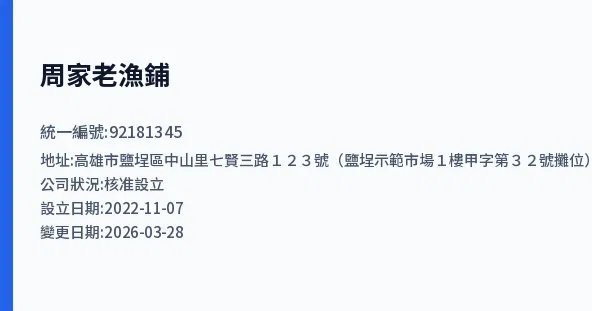 周家老漁鋪的照片-統編 92181345(高雄市) 公司登記資料與營業項目詳細圖表