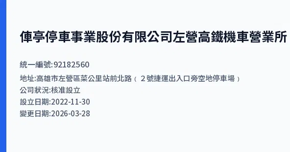 俥亭停車事業股份有限公司左營高鐵機車營業所的照片-統編 92182560(高雄市) 公司登記資料與營業項目詳細圖表