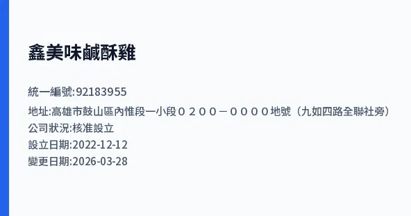 鑫美味鹹酥雞的照片-統編 92183955(高雄市) 公司登記資料與營業項目詳細圖表