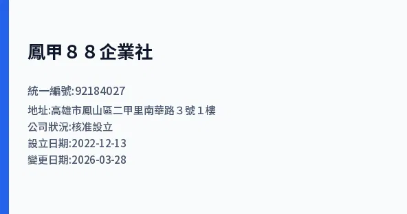 鳳甲88企業社的照片-統編 92184027(高雄市) 公司登記資料與營業項目詳細圖表