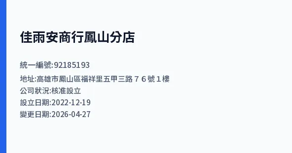 佳雨安商行鳳山分店的照片-統編 92185193(高雄市) 公司登記資料與營業項目詳細圖表