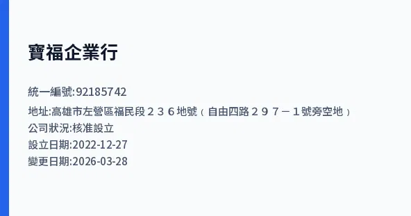 寶福企業行的照片-統編 92185742(高雄市) 公司登記資料與營業項目詳細圖表