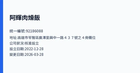 阿輝肉燥飯的照片-統編 92186088(高雄市) 公司登記資料與營業項目詳細圖表