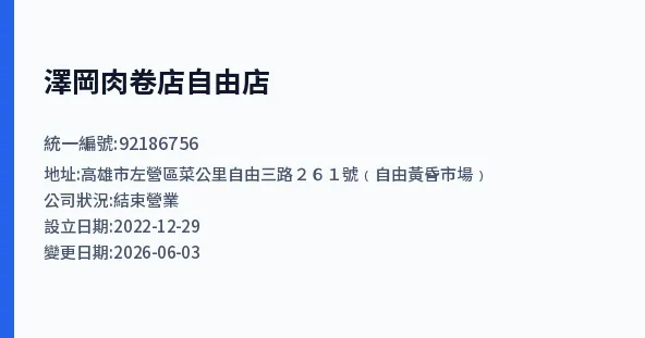 澤岡肉卷店自由店的照片-統編 92186756(高雄市) 公司登記資料與營業項目詳細圖表