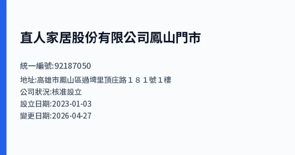 直人家居股份有限公司鳳山門市的照片-統編 92187050(高雄市) 公司登記資料與營業項目詳細圖表
