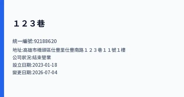123巷的照片-統編 92188620(高雄市) 公司登記資料與營業項目詳細圖表