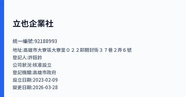 立也企業社的照片-統編 92188993(高雄市) 公司登記資料與營業項目詳細圖表