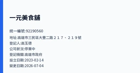 一元美食舖的照片-統編 92190560(高雄市) 公司登記資料與營業項目詳細圖表