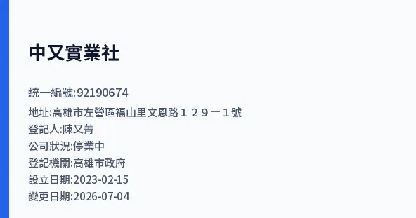 中又實業社的照片-統編 92190674(高雄市) 公司登記資料與營業項目詳細圖表