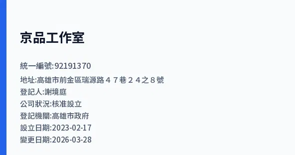 京品工作室的照片-統編 92191370(高雄市) 公司登記資料與營業項目詳細圖表