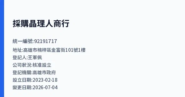 採購晶理人商行的照片-統編 92191717(高雄市) 公司登記資料與營業項目詳細圖表
