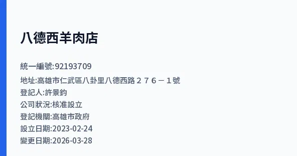 八德西羊肉店的照片-統編 92193709(高雄市) 公司登記資料與營業項目詳細圖表