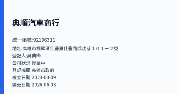 典順汽車商行的照片-統編 92196311(高雄市) 公司登記資料與營業項目詳細圖表