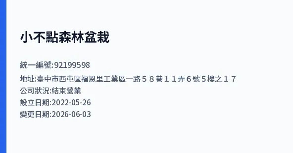 小不點森林盆栽的照片-統編 92199598(臺中市) 公司登記資料與營業項目詳細圖表