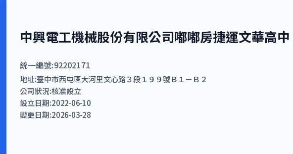 中興電工機械股份有限公司嘟嘟房捷運文華高中(機車)站的照片-統編 92202171(臺中市) 公司登記資料與營業項目詳細圖表