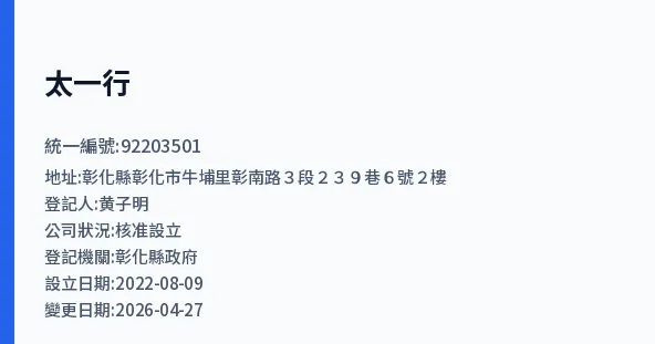 太一行的照片-統編 92203501(彰化縣) 公司登記資料與營業項目詳細圖表