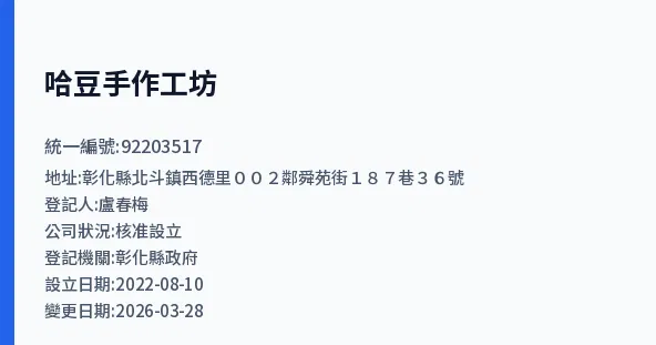 哈豆手作工坊的照片-統編 92203517(彰化縣) 公司登記資料與營業項目詳細圖表