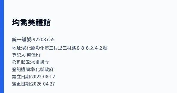 均喬美體館的照片-統編 92203755(彰化縣) 公司登記資料與營業項目詳細圖表