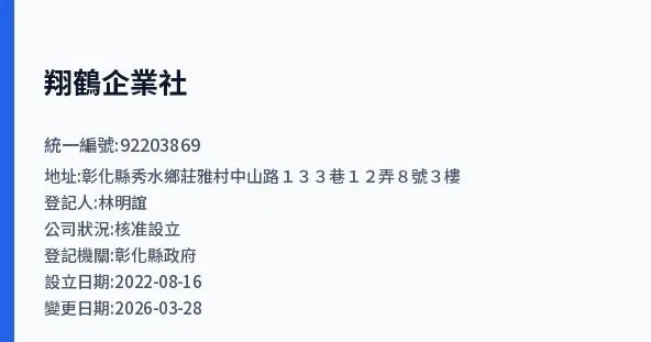 翔鶴企業社的照片-統編 92203869(彰化縣) 公司登記資料與營業項目詳細圖表