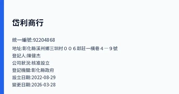 岱利商行的照片-統編 92204868(彰化縣) 公司登記資料與營業項目詳細圖表