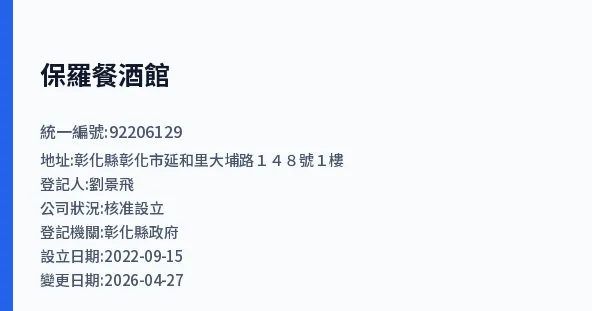 保羅餐酒館的照片-統編 92206129(彰化縣) 公司登記資料與營業項目詳細圖表