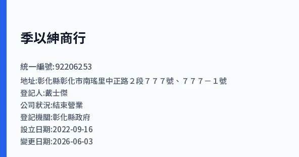 季以紳商行的照片-統編 92206253(彰化縣) 公司登記資料與營業項目詳細圖表