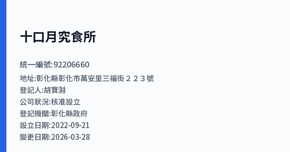 十口月究食所的照片-統編 92206660(彰化縣) 公司登記資料與營業項目詳細圖表