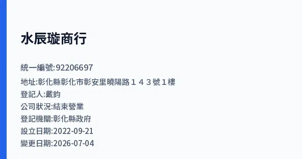 水辰璇商行的照片-統編 92206697(彰化縣) 公司登記資料與營業項目詳細圖表