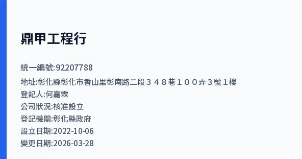 鼎甲工程行的照片-統編 92207788(彰化縣) 公司登記資料與營業項目詳細圖表