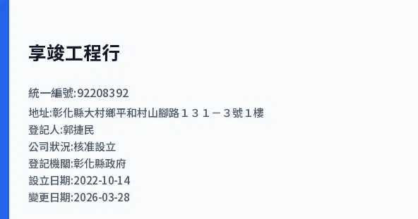 享竣工程行的照片-統編 92208392(彰化縣) 公司登記資料與營業項目詳細圖表