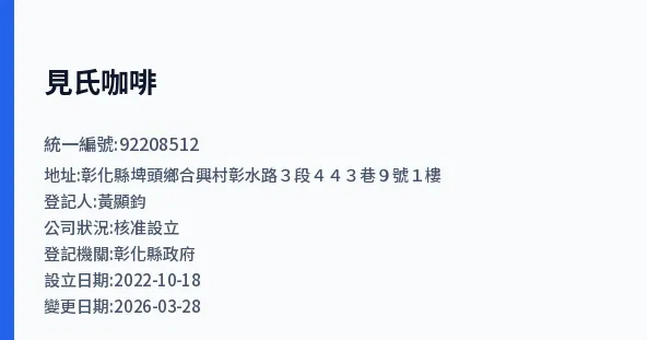 見氏咖啡的照片-統編 92208512(彰化縣) 公司登記資料與營業項目詳細圖表