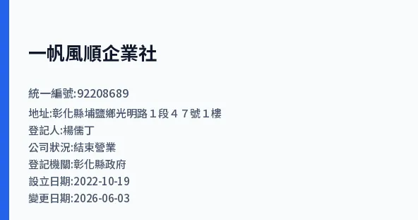 一帆風順企業社的照片-統編 92208689(彰化縣) 公司登記資料與營業項目詳細圖表