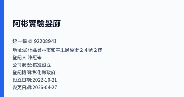 阿彬實驗髮廊的照片-統編 92208941(彰化縣) 公司登記資料與營業項目詳細圖表