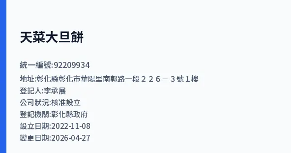 天菜大旦餅的照片-統編 92209934(彰化縣) 公司登記資料與營業項目詳細圖表