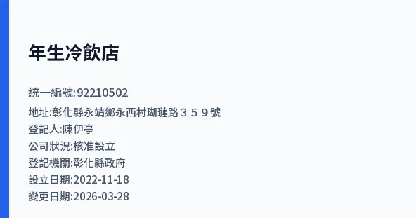 年生冷飲店的照片-統編 92210502(彰化縣) 公司登記資料與營業項目詳細圖表