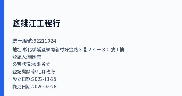 鑫錢江工程行的照片-統編 92211024(彰化縣) 公司登記資料與營業項目詳細圖表