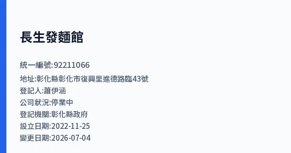 長生發麵館的照片-統編 92211066(彰化縣) 公司登記資料與營業項目詳細圖表