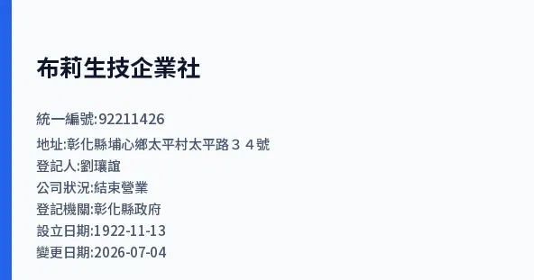 布莉生技企業社的照片-統編 92211426(彰化縣) 公司登記資料與營業項目詳細圖表