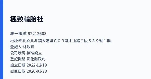 極致輪胎社的照片-統編 92212683(彰化縣) 公司登記資料與營業項目詳細圖表
